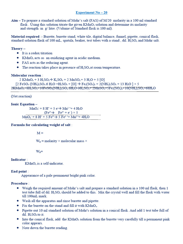 Experiment 20 | PDF | Titration | Chemistry
