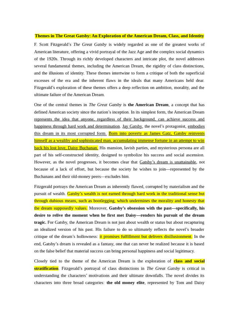 The Great Gatsby - Literature VI | PDF | The Great Gatsby | American Dream