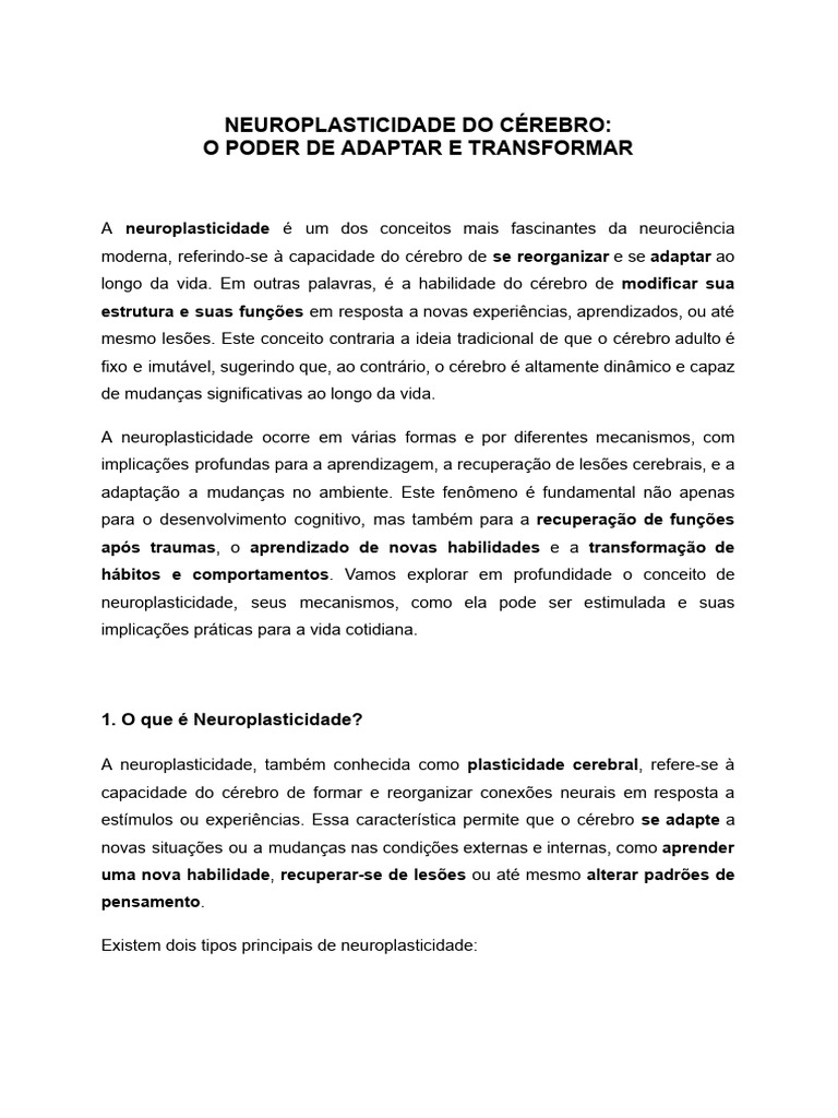Neuroplasticidade Do Cérebro - o Poder de Adaptar e Transformar | PDF | Neuroplasticidade | Cérebro