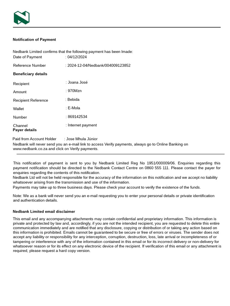 Nedbank Payment Notification Details | PDF