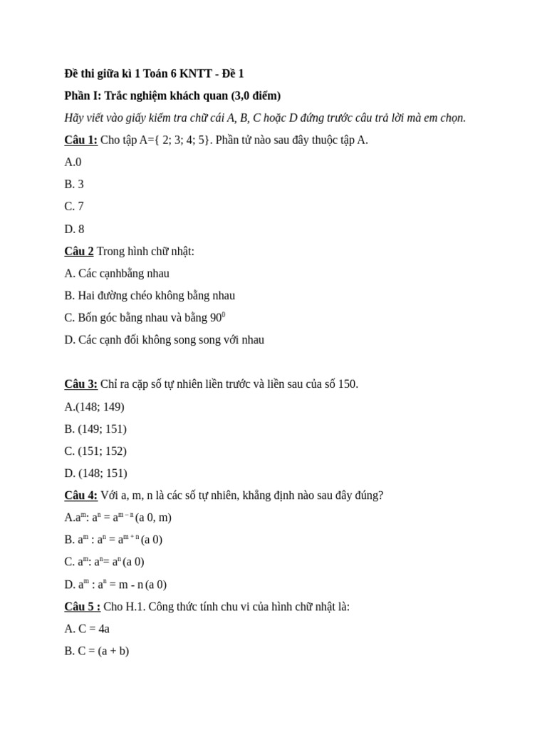 Đề Thi Giữa Kì 1 Toán 6 KNTT | PDF