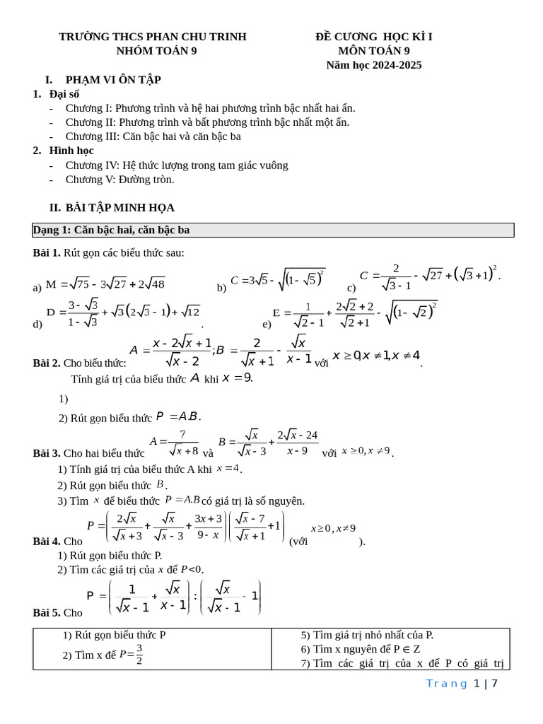 24-25 Đề Cương Toán 9 PCT HK1 - Bản HS | PDF
