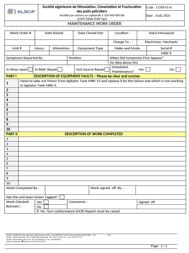 Smq-01-Com Maintenace Work Order | PDF