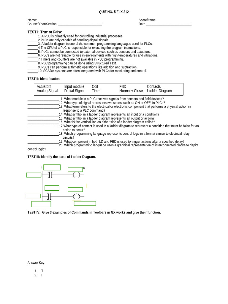 Quiz No.3_ELX 312 | PDF | Programmable Logic Controller | Electrical ...