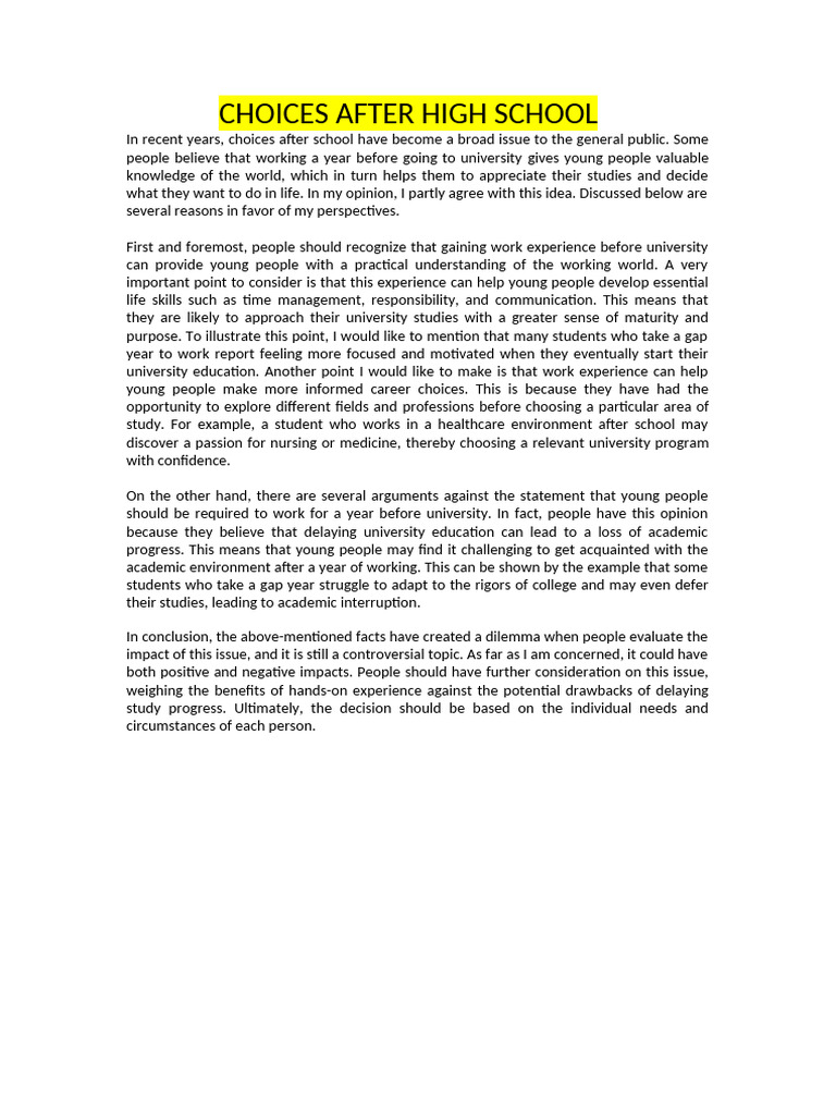 Choices After High School | PDF | Experience | University