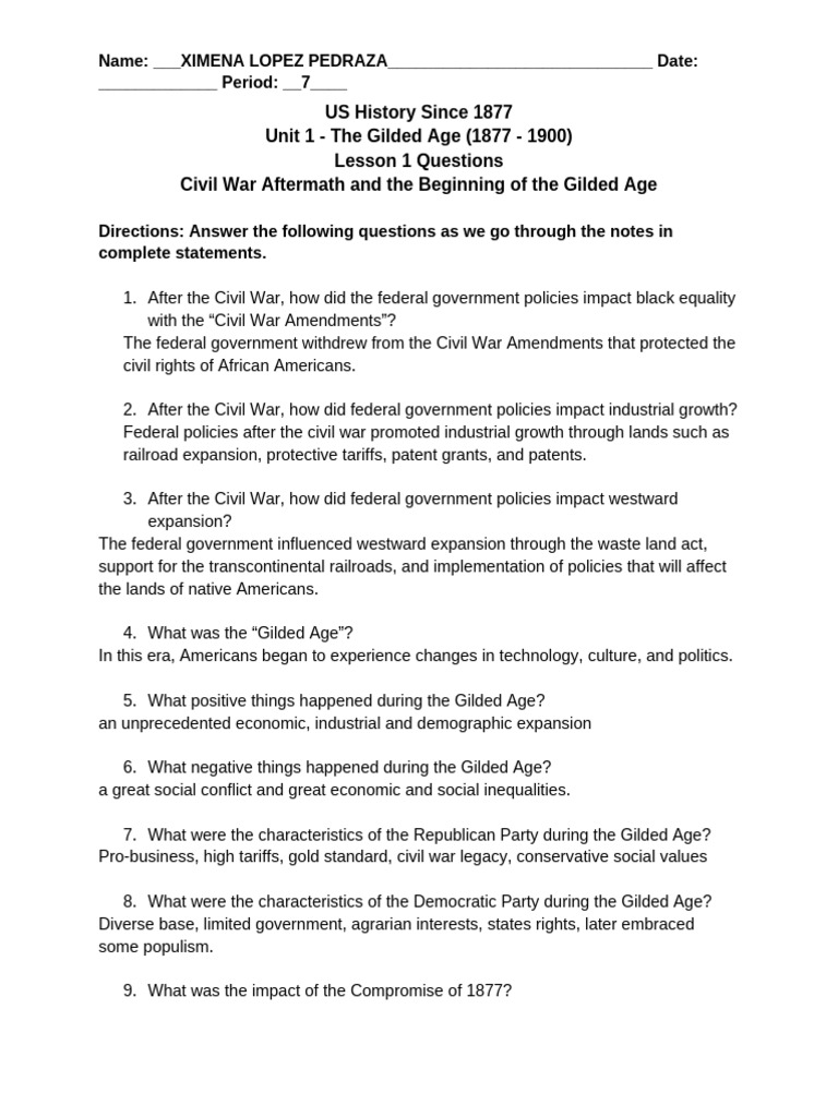 US History Since 1877 Unit 1 The Gilded Age Lesson 1 Questions | PDF ...