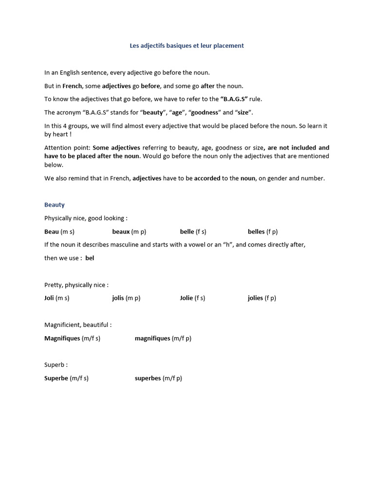 Les Adjectifs Basiques Et Leur Placement | PDF | Adjective | Noun