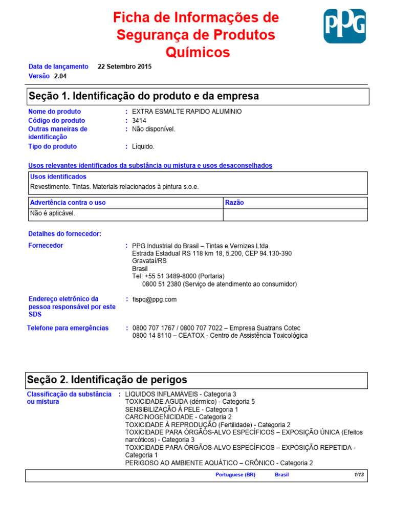 FISPQ EXTRA ESMALTE RÁPIDO ALUMÍNIO | PDF | Desperdício | Incêndios