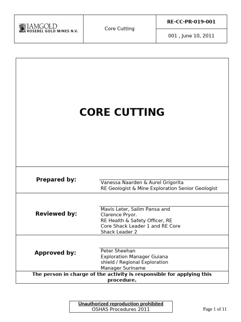 RE CC PR 019 001 PROCEDURE - Core - Cutting | PDF | Personal Protective Equipment