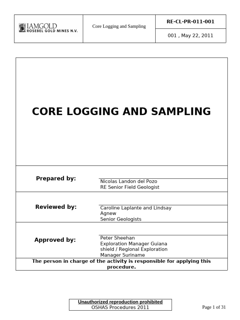 RE-CL-PR-011-001 PROCEDURE Core Logging and Sampling | PDF | Weathering ...