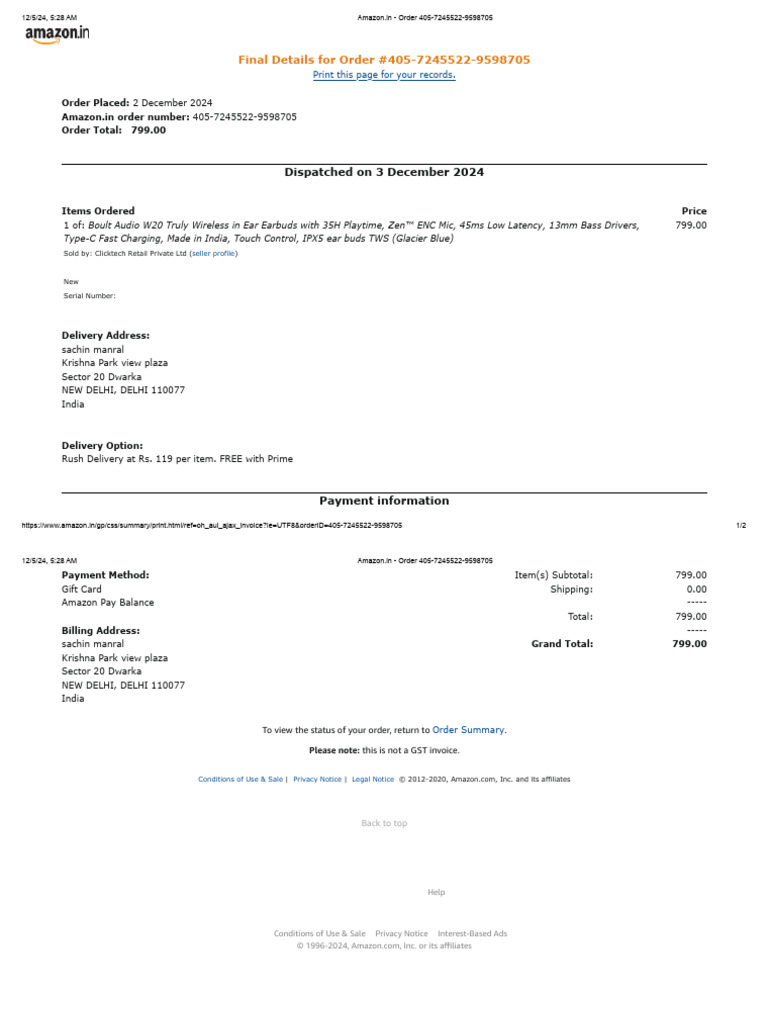 Amazon.in - Order 405-7245522-9598705 | PDF | Payments