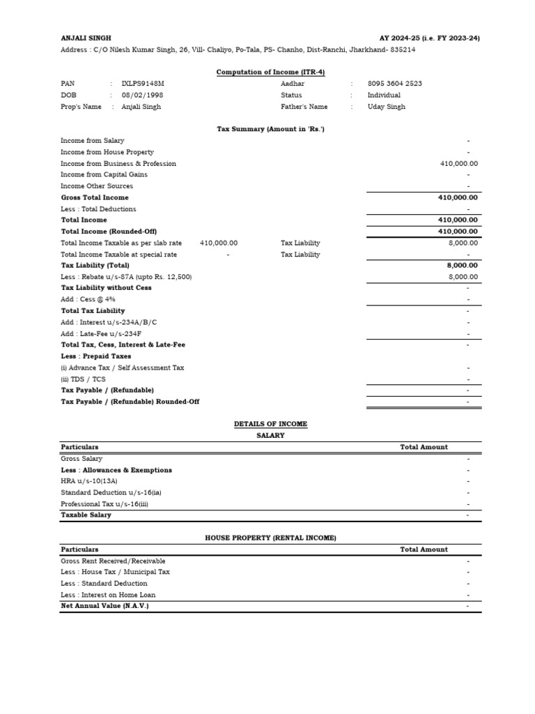 Anjali Singh ITR Computation | PDF | Capital Gains Tax | Financial ...