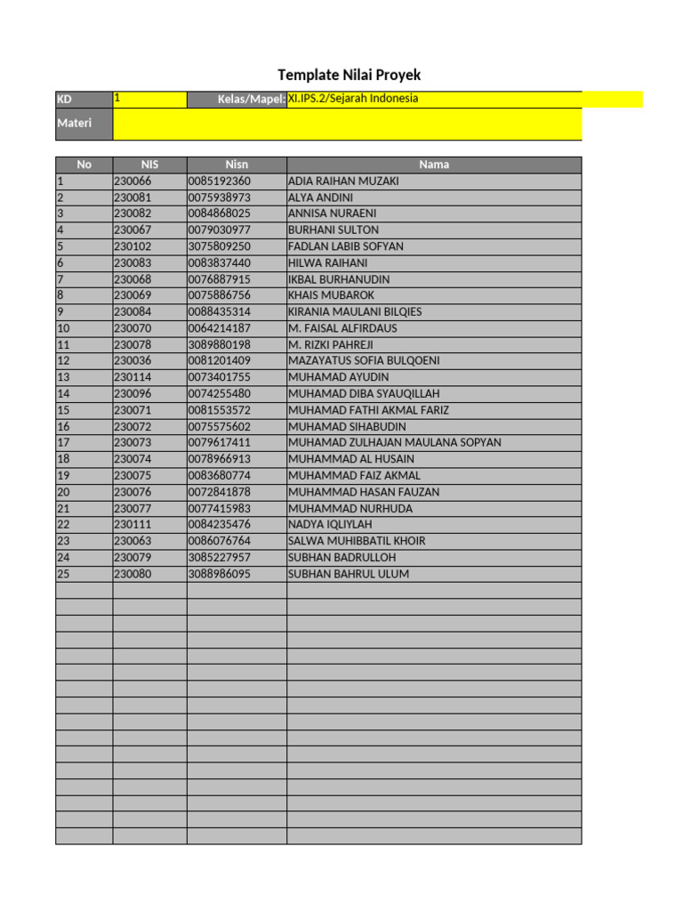 Template Nilai Proyek-XI - Ips.2-Sejarah Indonesia | PDF