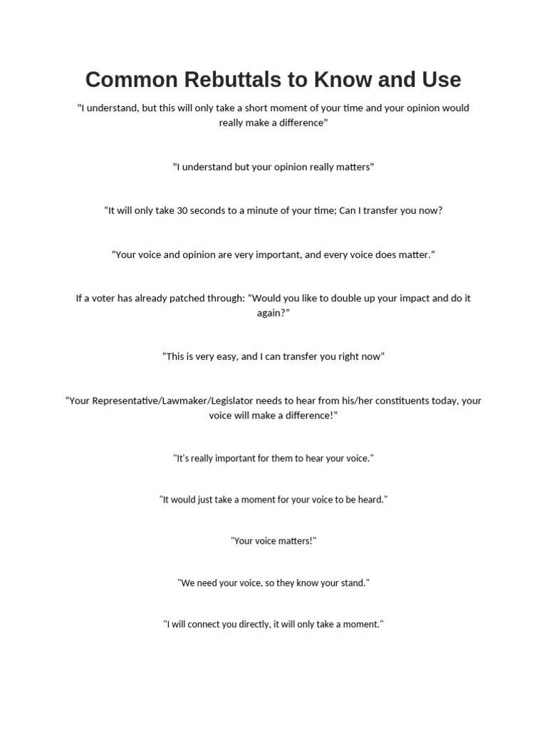 Training DOC 4 AGENT HANDOUT Common Rebuttals to Know and Use | PDF