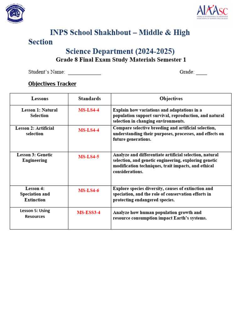 Grade 8 S1 Final Exam-Study Material | PDF | Natural Selection ...