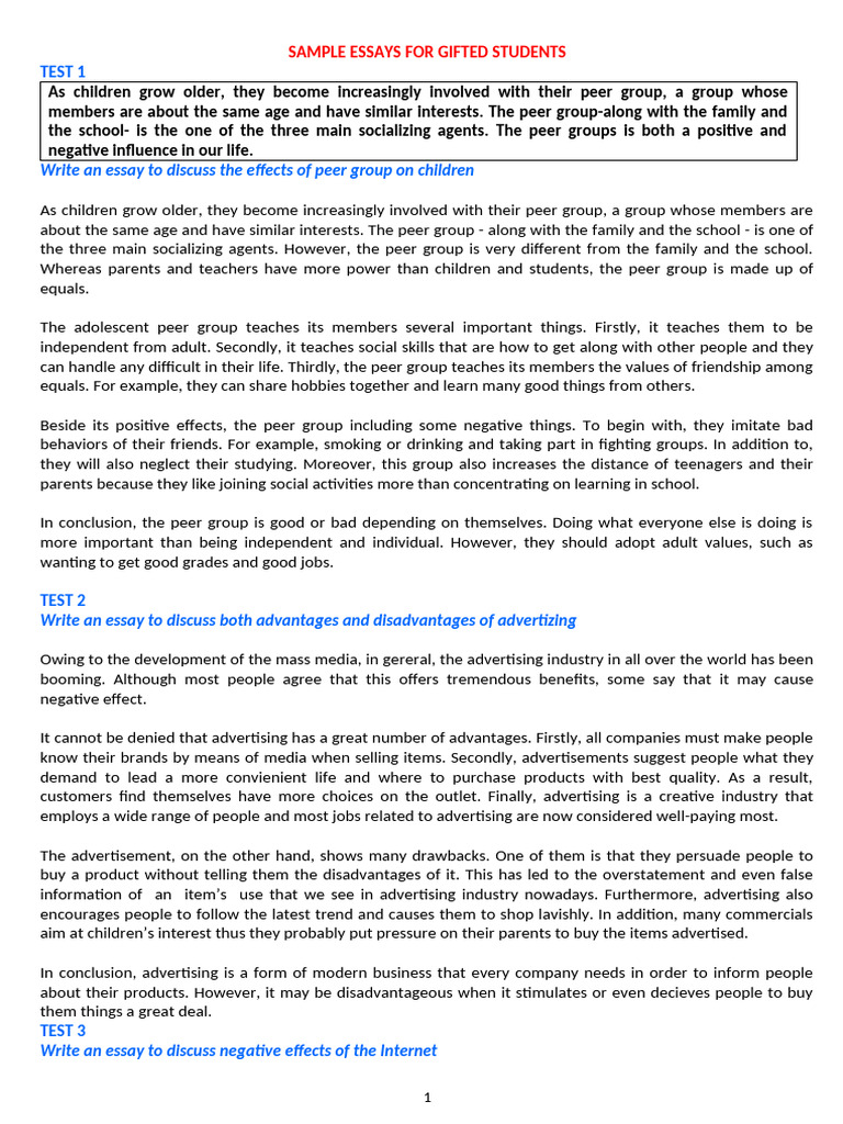 SAMPLE ESSAYS For Test 1-4 | PDF | Advertising | Socialization