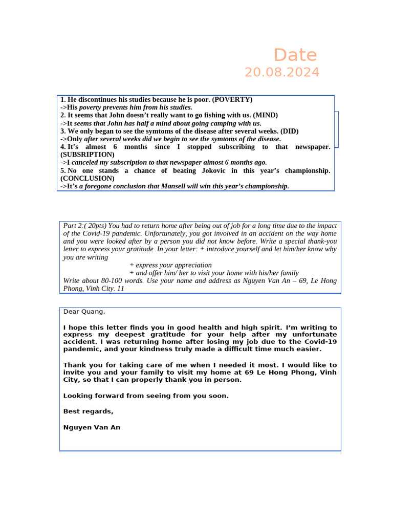Sentence Rewriting and Thank-You Letter Guide | PDF | Charitable ...