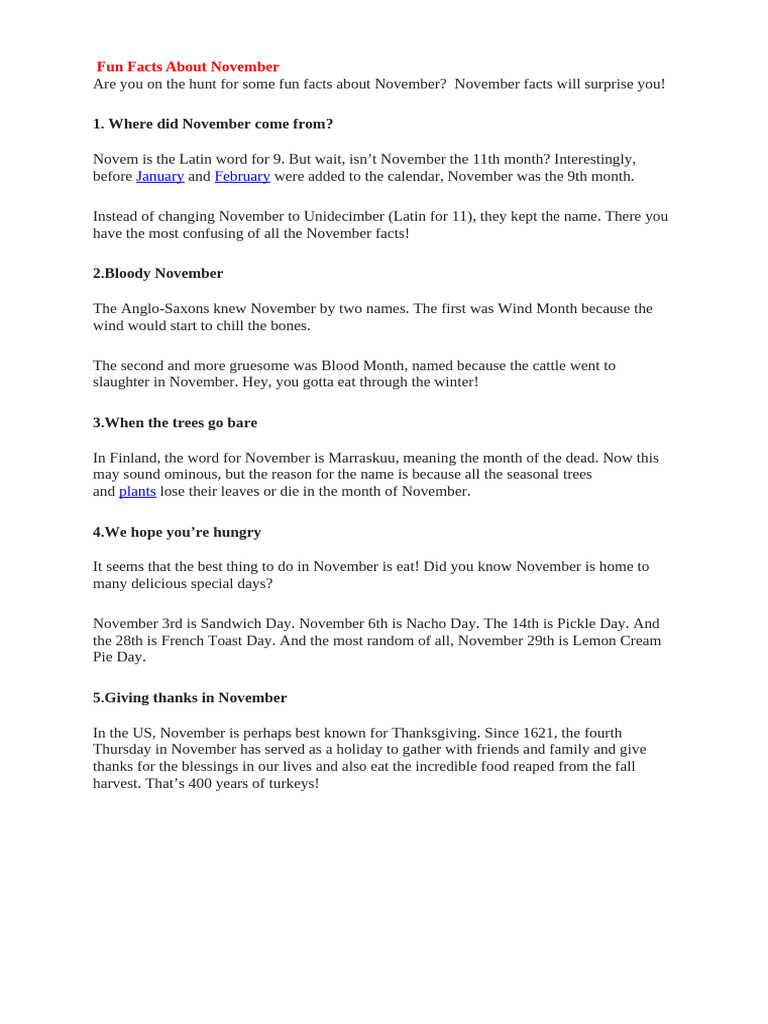 November Fun Facts and Traditions | PDF