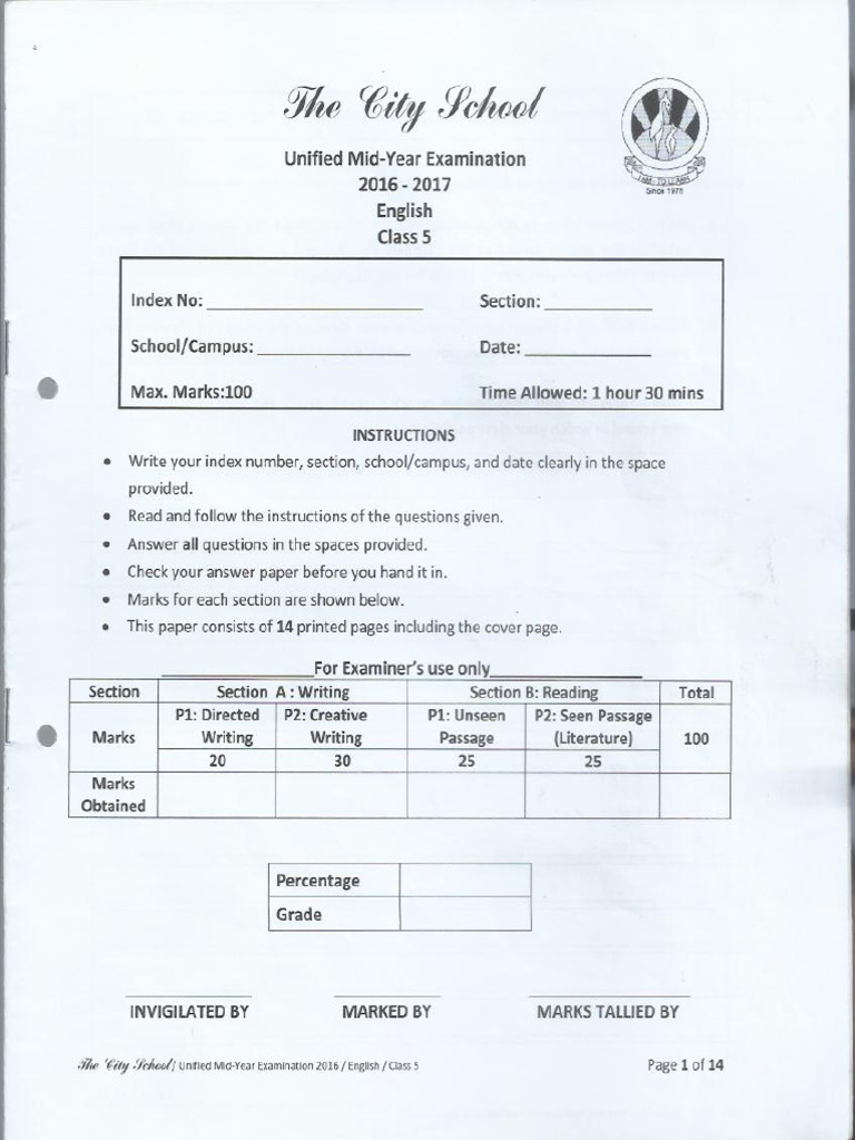 English Class 5 Paper 2 | PDF