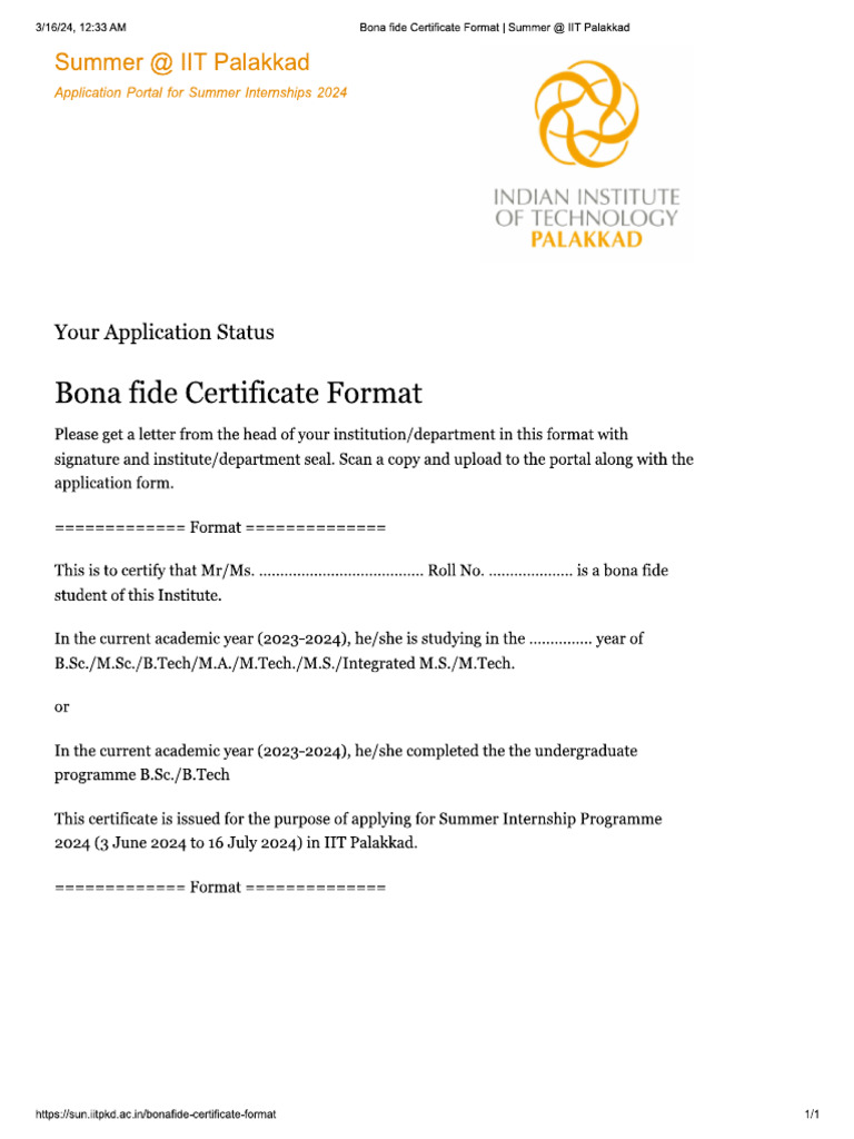 Bona Fide Iit Palakkad | PDF