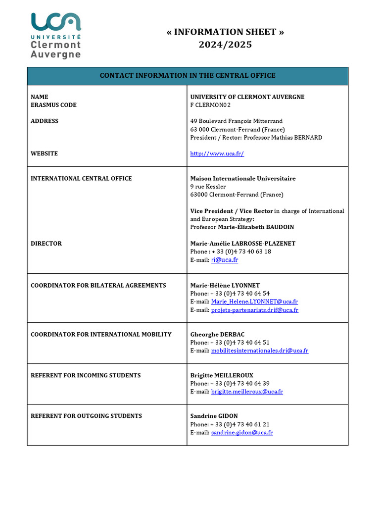 Information Sheet Partners UCA 2024-2025 | PDF | Science