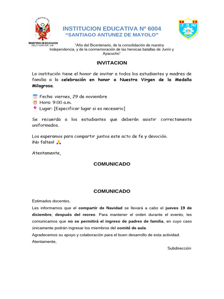 Invitaciones y Comunicados I.E. 6004 | PDF | Salón de clases | Escuelas