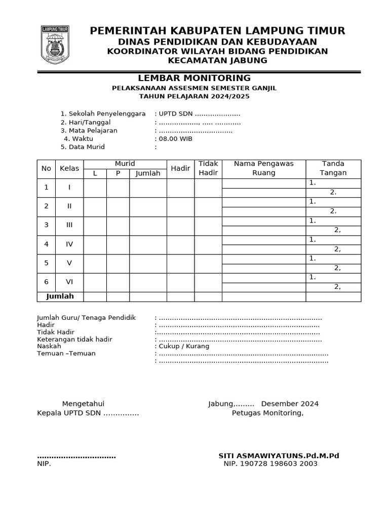 Lembar Monitoring PAS 2024-2025 | PDF