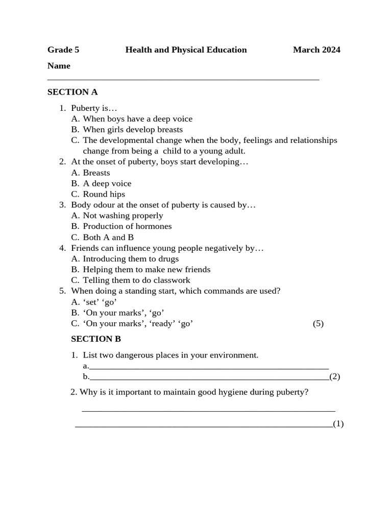 Grade 5 Health & PE Question Paper | PDF