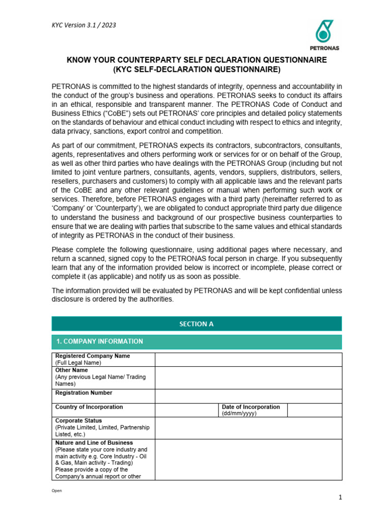 TPRM KYC Self Declaration Questionnaire Third Party v4 Update Sktms | PDF | Information Privacy ...