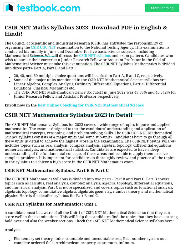 CSIR NET Maths Syllabus 2023 - Download PDF in English & Hindi! | PDF