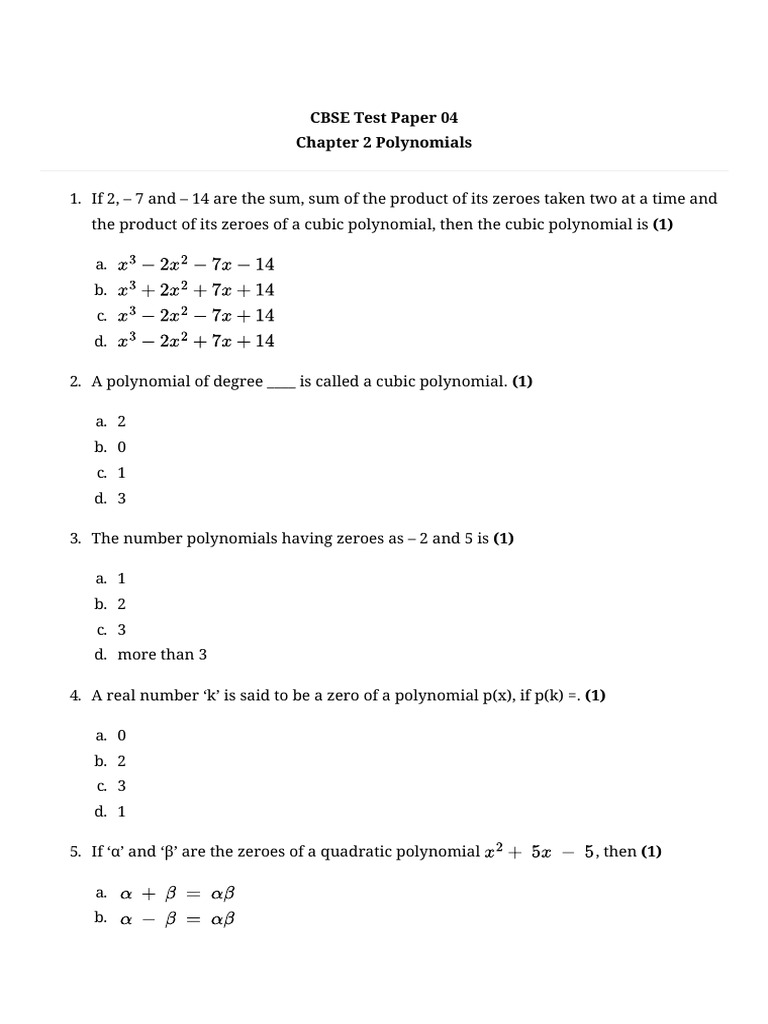 chapter-02-polynomials-test-04 | PDF | Polynomial | Quadratic Equation
