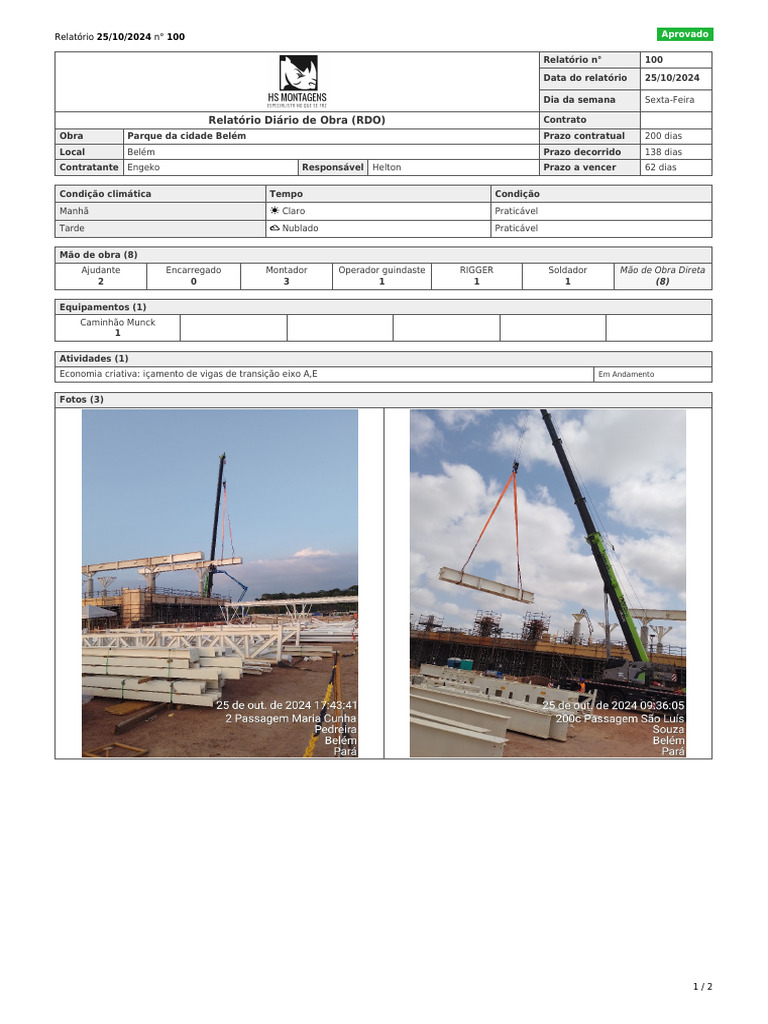 Relatório Diário de Obra (RDO) N° 100 - 25-10-2024 | PDF