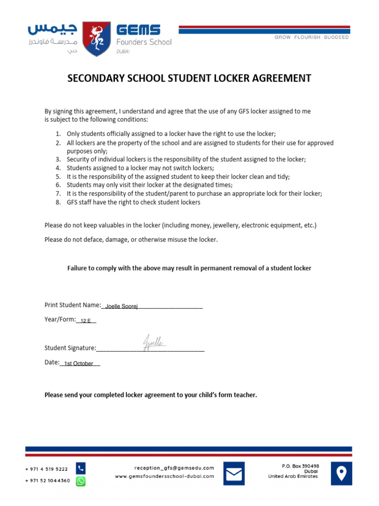 GFS Secondary School Student Locker Agreement | PDF