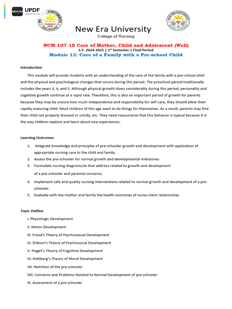 Module 12 Care of The Family With Preschooler 2024 | PDF | Fluency ...