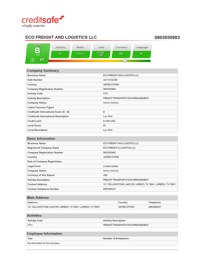 Creditsafe Report Us001 X Us110122259 Pdf Limited Liability Company