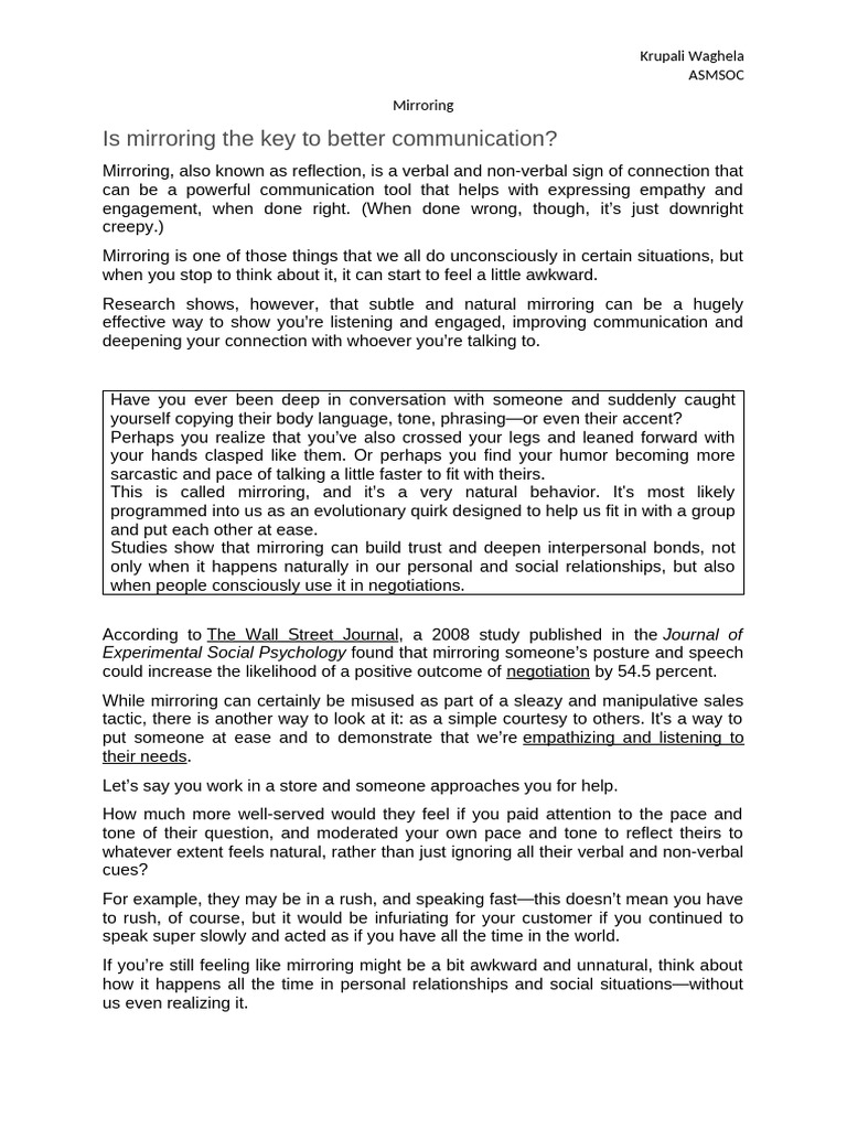 Mirroring | PDF | Body Language | Nonverbal Communication