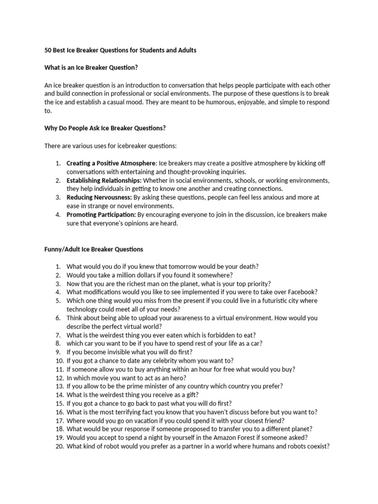 50 Best Ice Breaker Questions For Students and Adults - A6 | PDF