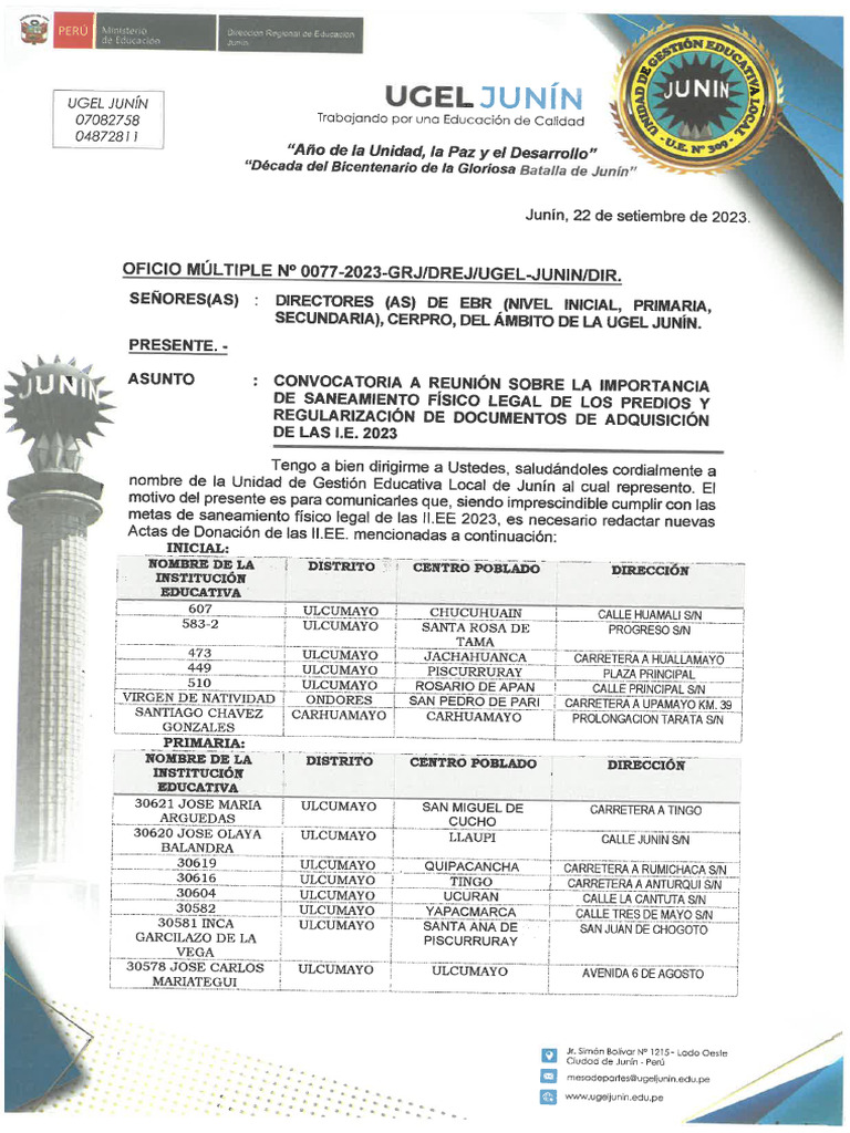 OFICIO MULTIPLE 0077-2023-UGELJUNÍN | PDF