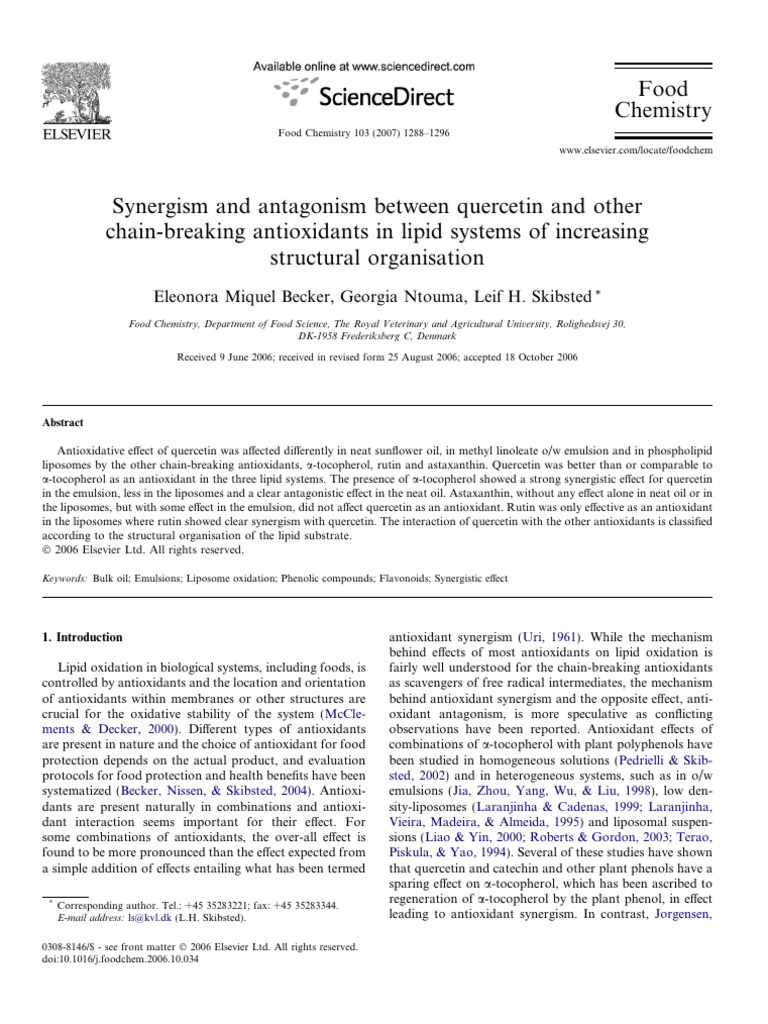 Synergism and Antagonism Between Quercetin | PDF | Antioxidant | Polyphenol