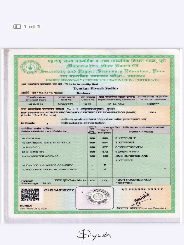 12th Pass Certificate | PDF