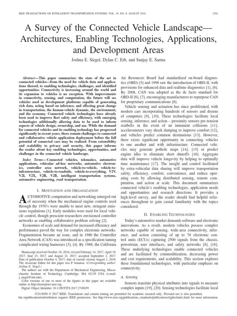 A Survey of The Connected Vehicle LandscapeArchitectures Enabling Technologies Applications and ...