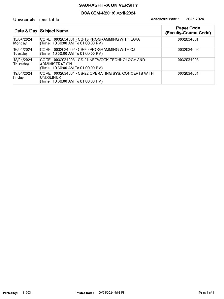 BCA SEM-4 (2019) April-2024 TimeTable | PDF