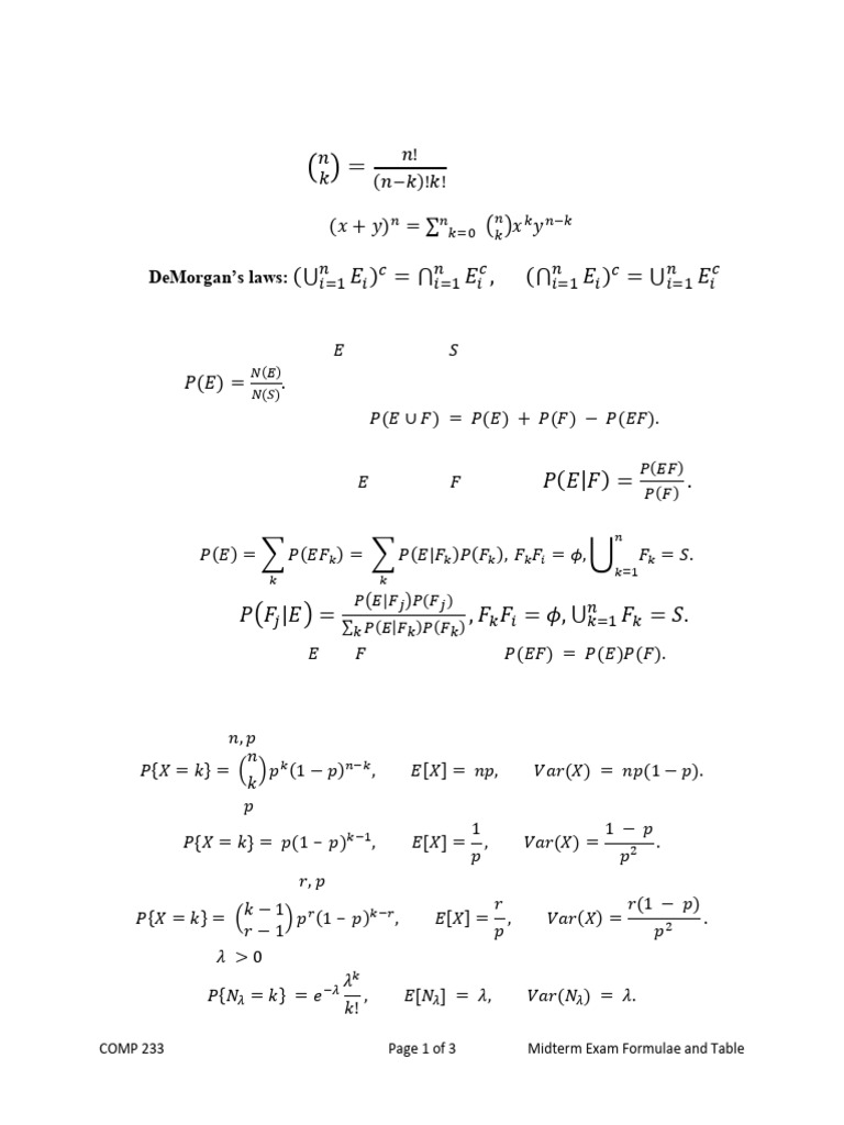 Formulae for COMP 233 Midterm W20 | PDF | Statistical Models | Probability Theory