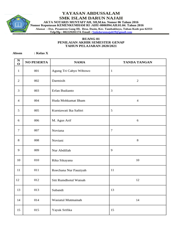 Absen Kelas X 2020 Genapp | PDF