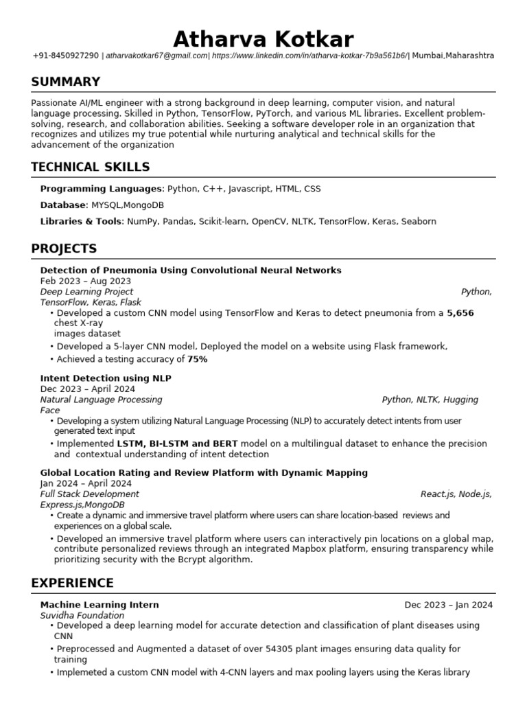 Ats Friendly Technical Resume | PDF | Machine Learning | Deep Learning