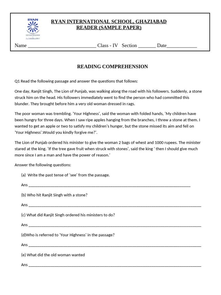 Ryan International School Class IV Sample Paper | PDF