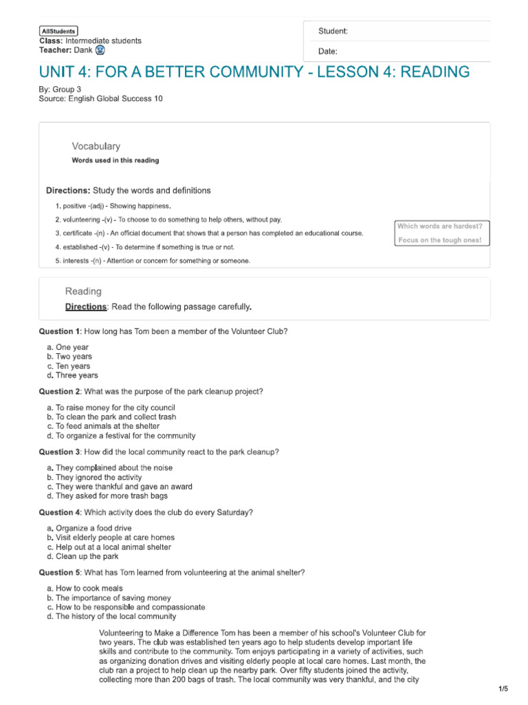 Unit 4 - For A Better Community - Lesson 4 - Reading | PDF