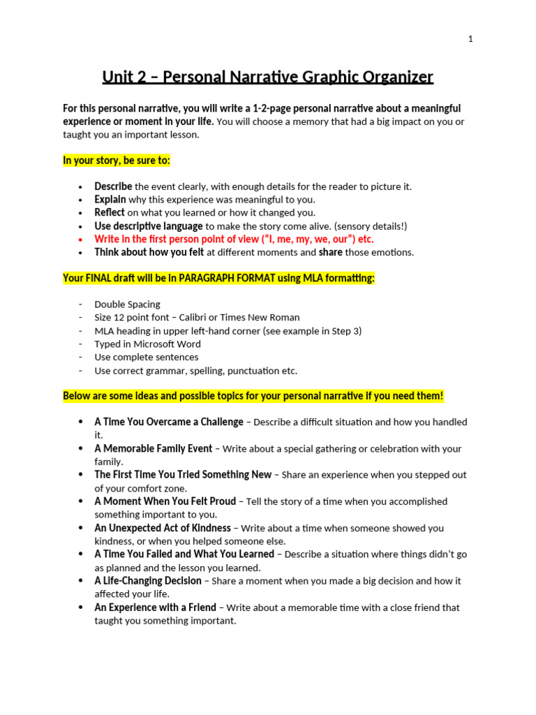 Personal Narrative Instructions And Graphic Organizer Pdf Paragraph