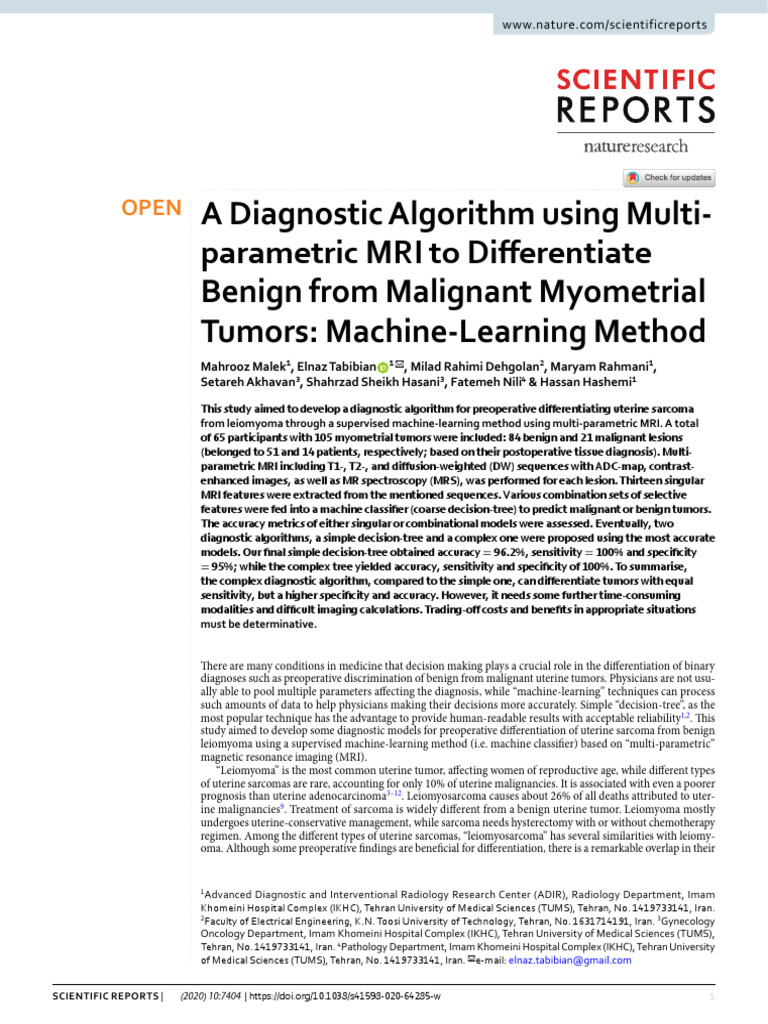 A Diagnostic Algorithm Using Multi-Parametric MRI To Differentiate Benign From Malignant ...