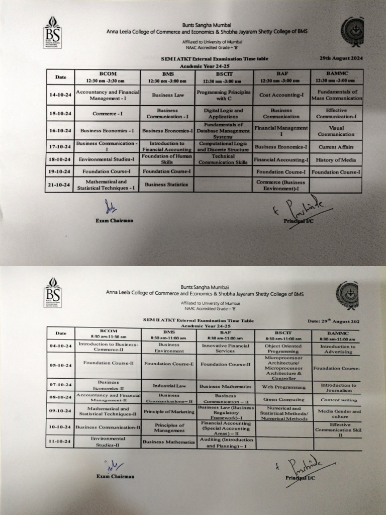 Regular and ATKT Exam Timetable Sem 1-4 24-25 | PDF | Computing | Business